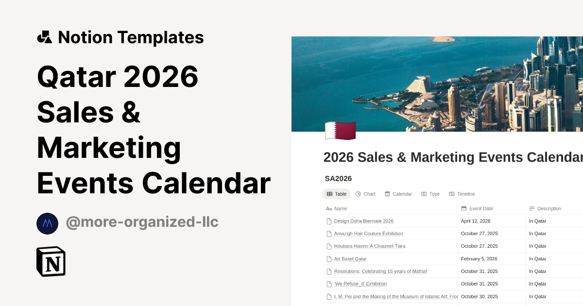 תבנית Qatar 2026 Sales & Marketing Events Calendar | Marketplace של Notion