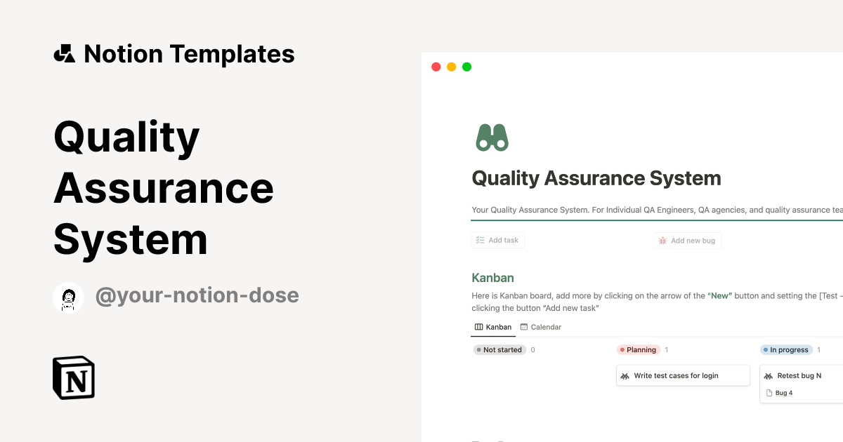 תבנית Quality Assurance System מאת Your Notion Dose | Marketplace של Notion