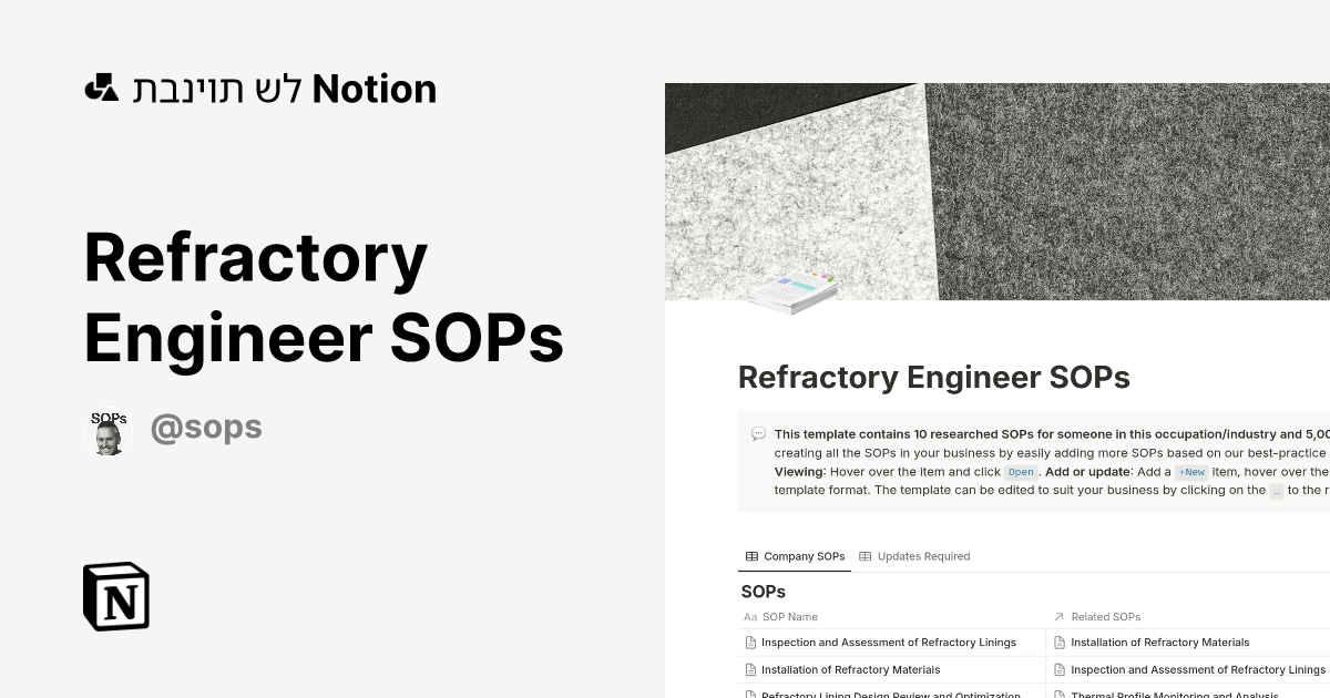 תבנית Refractory Engineer SOPs מאת SOPs | Marketplace של Notion