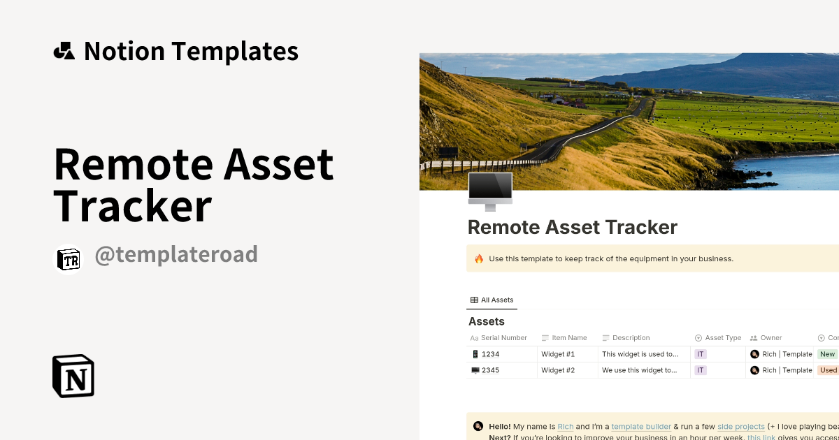 תבנית Remote Asset Tracker מאת Template Road | Marketplace של Notion