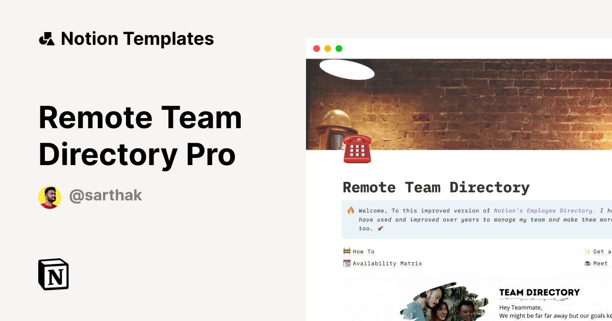 תבנית Remote Team Directory Pro מאת Sarthak | Marketplace של Notion