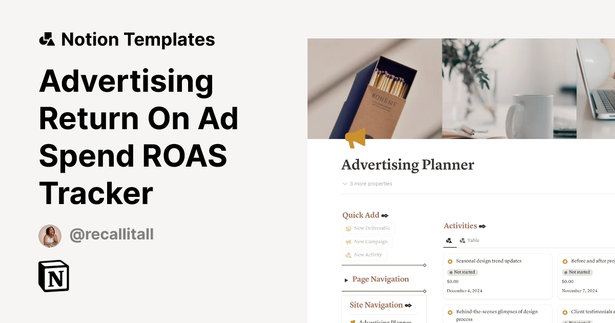 תבנית Advertising Return On Ad Spend ROAS Tracker | Marketplace של Notion