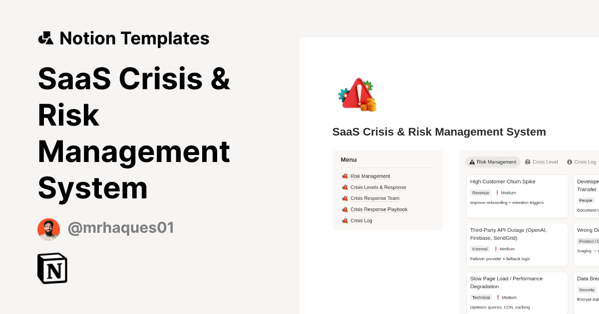 תבנית SaaS Crisis & Risk Management System | Marketplace של Notion