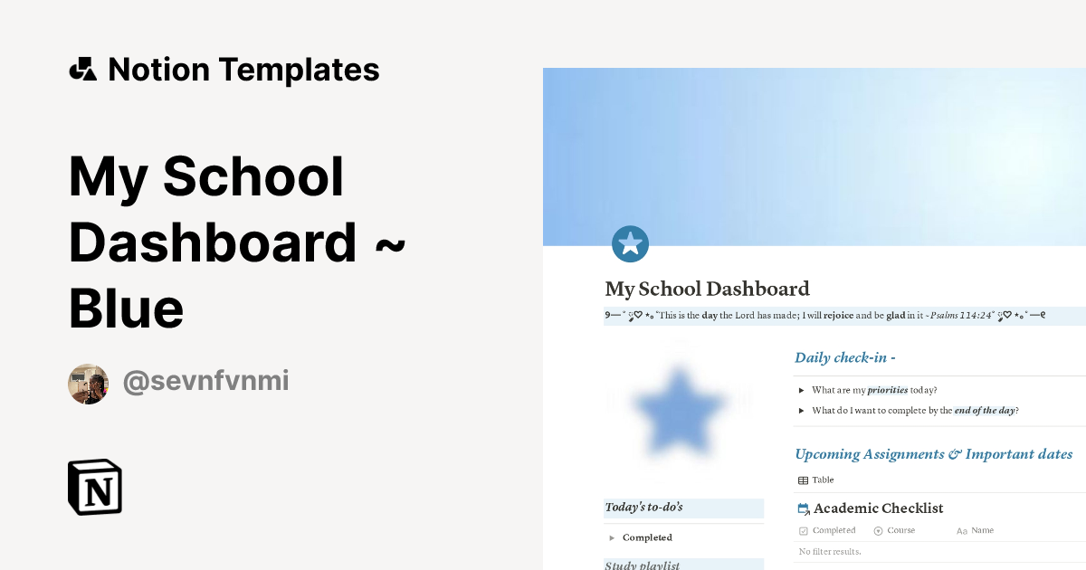 תבנית My School Dashboard ~ Blue מאת sevnfvnmi | Marketplace של Notion