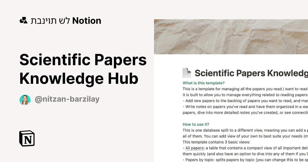 תבנית Scientific Papers Knowledge Hub | Marketplace של Notion