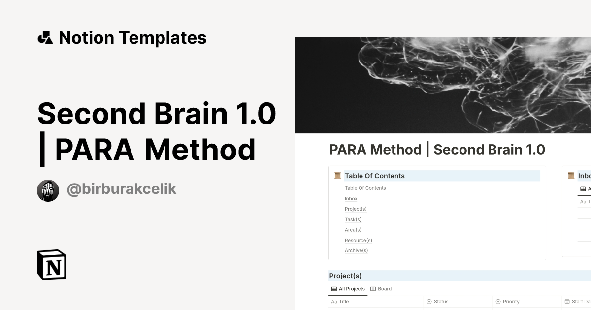 תבנית Second Brain 1.0 | PARA Method מאת Burak Bir | Marketplace של Notion