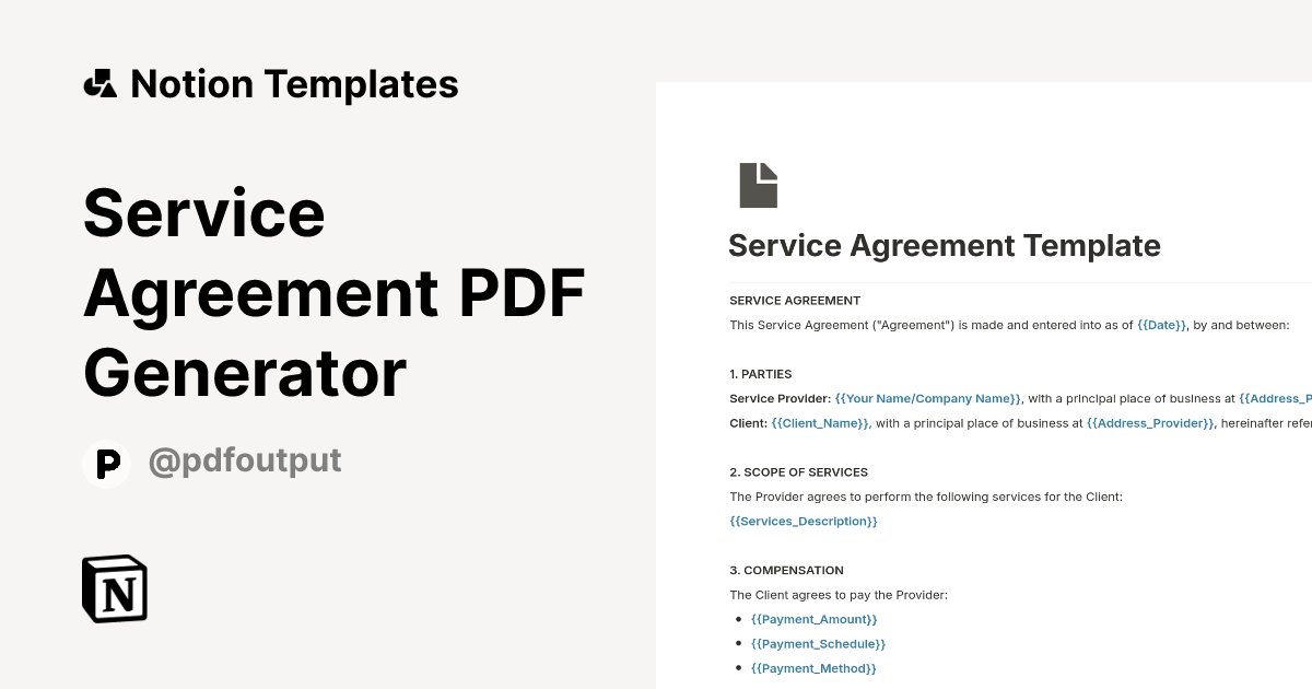 תבנית Service Agreement PDF Generator מאת PDFOutput | Marketplace של Notion