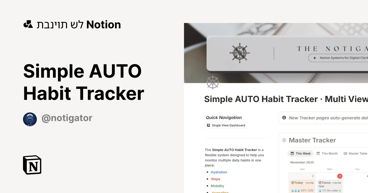 תבנית Simple AUTO Habit Tracker מאת The Notigator | Marketplace של Notion