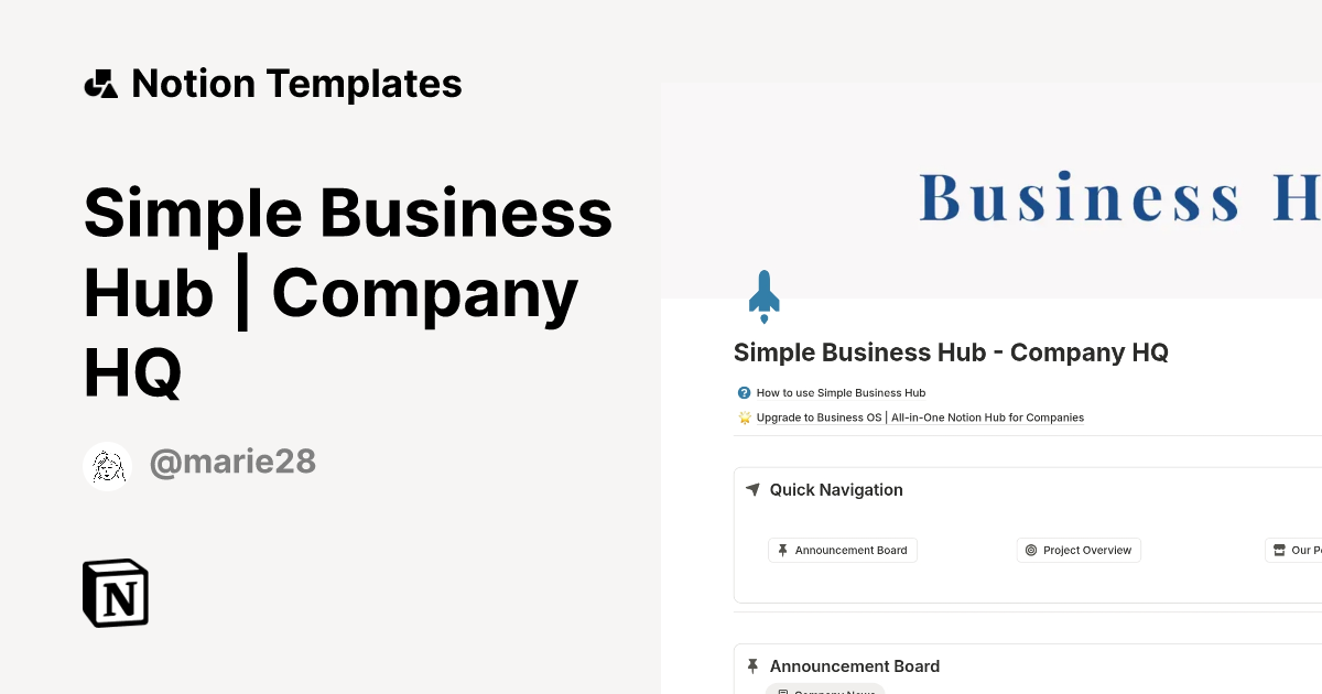 תבנית Simple Business Hub | Company HQ | Marketplace של Notion
