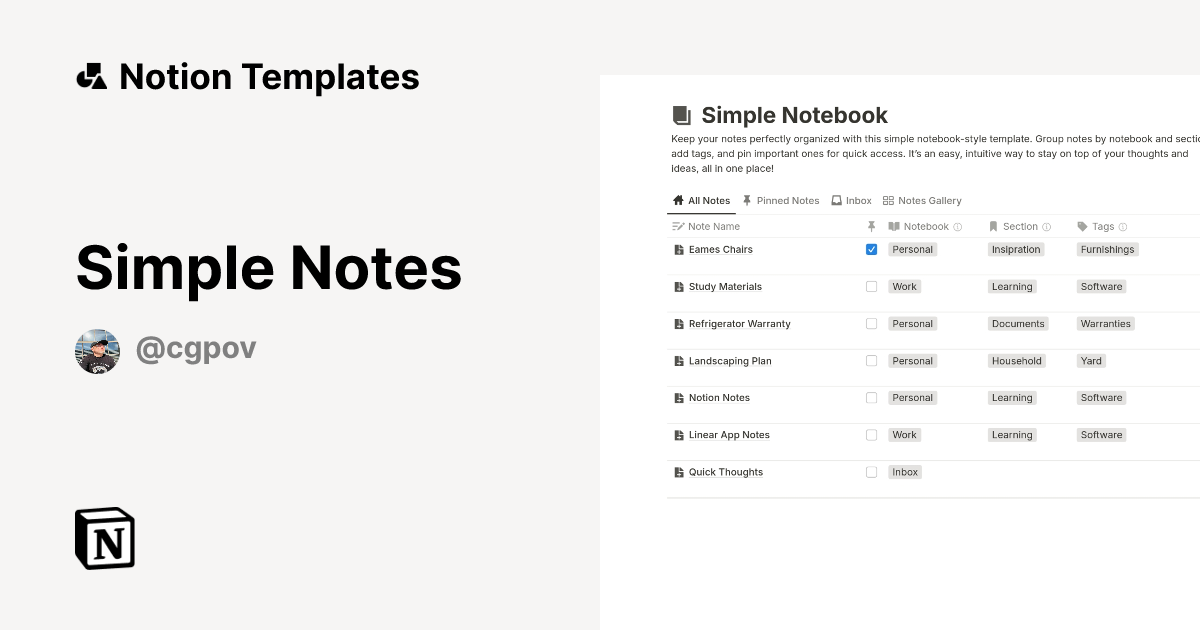 תבנית Simple Notes | Marketplace של Notion