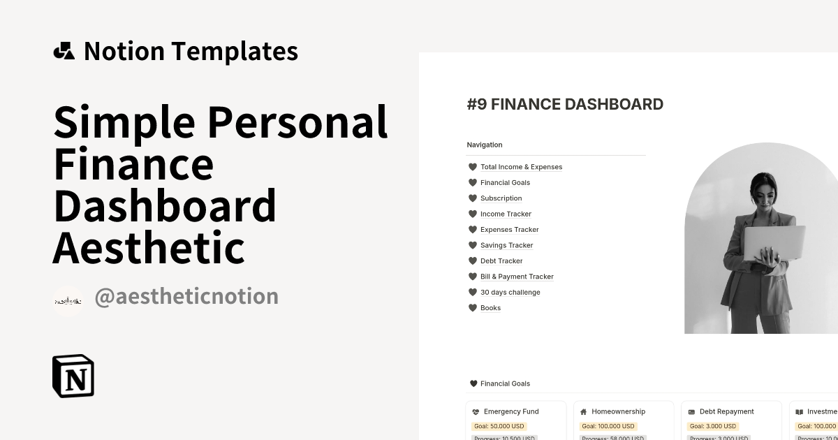 תבנית Simple Personal Finance Dashboard Aesthetic מאת My Aesthetic ...