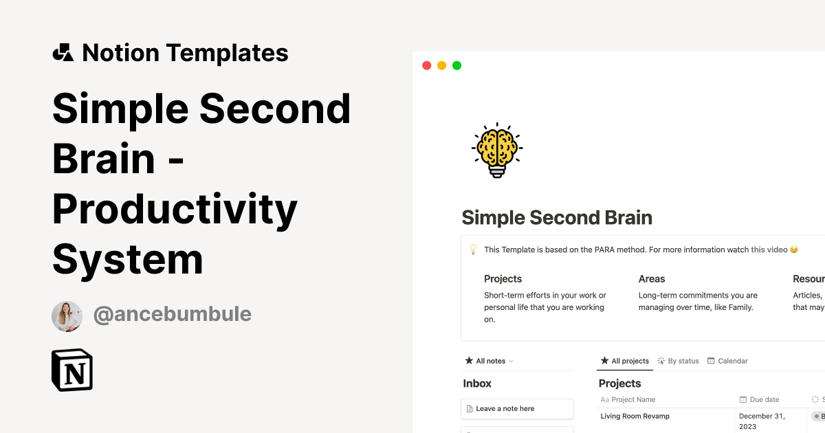 תבנית Simple Second Brain - Productivity System מאת Ance Bumbule ...