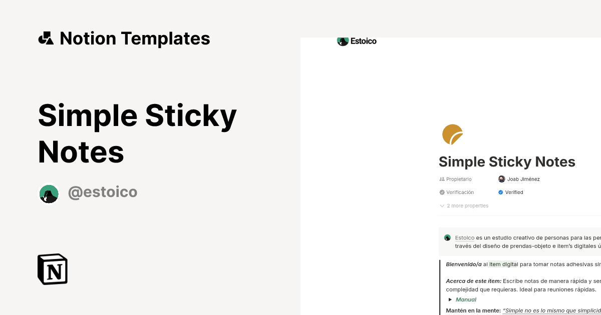 תבנית Simple Sticky Notes מאת Estoico | Marketplace של Notion