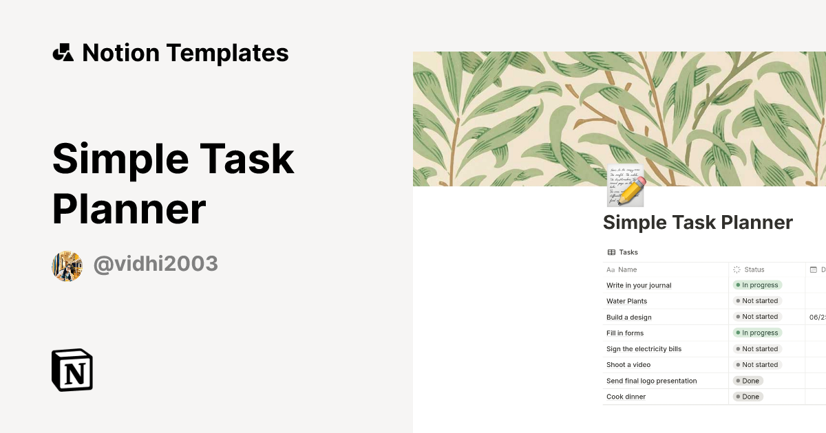 תבנית Simple Task Planner מאת Vidhi | Marketplace של Notion