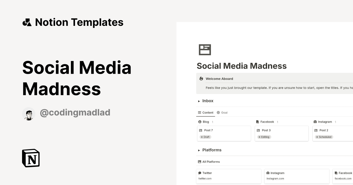 תבנית Social Media Madness מאת Coding Madlad | Marketplace של Notion