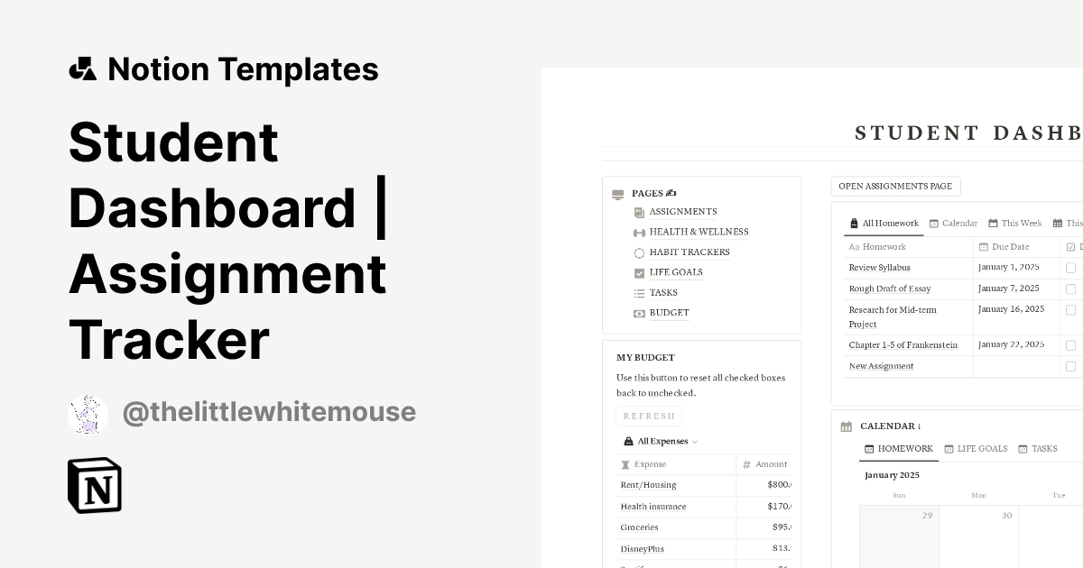 תבנית Student Dashboard | Assignment Tracker | Marketplace של Notion