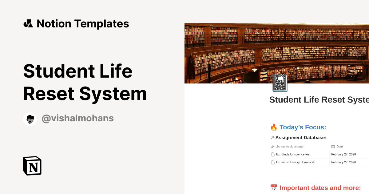 תבנית Student Life Reset System | Marketplace של Notion