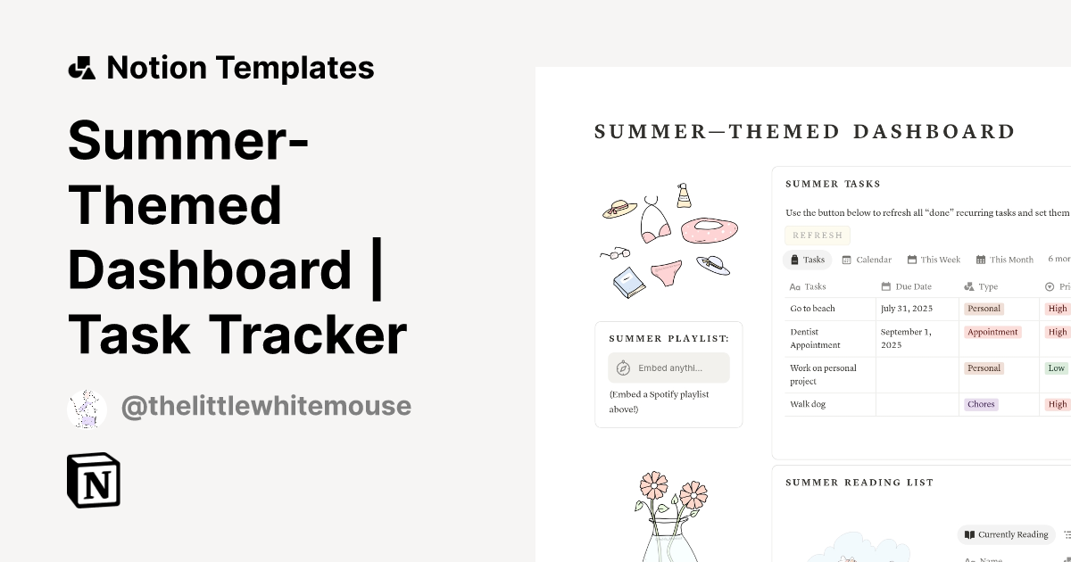 תבנית Summer-Themed Dashboard | Task Tracker | Marketplace של Notion