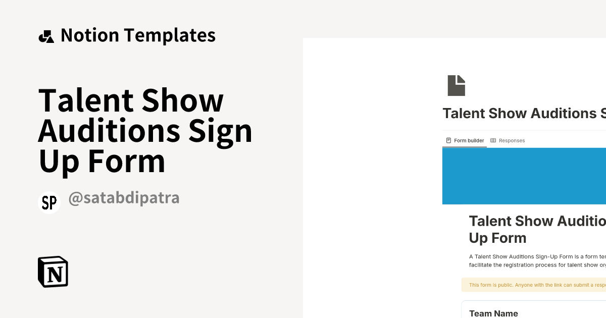 תבנית Talent Show Auditions Sign Up Form | Marketplace של Notion