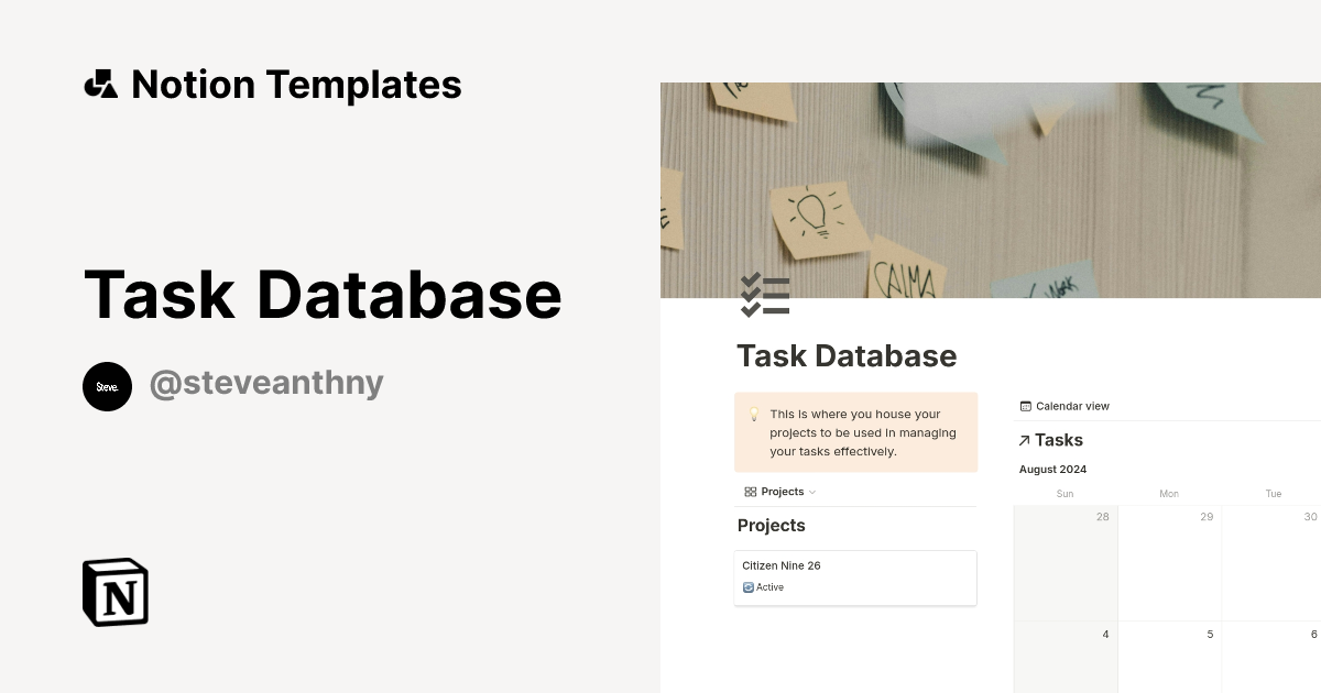 תבנית Task Database מאת Stephen Okonkwo | Marketplace של Notion