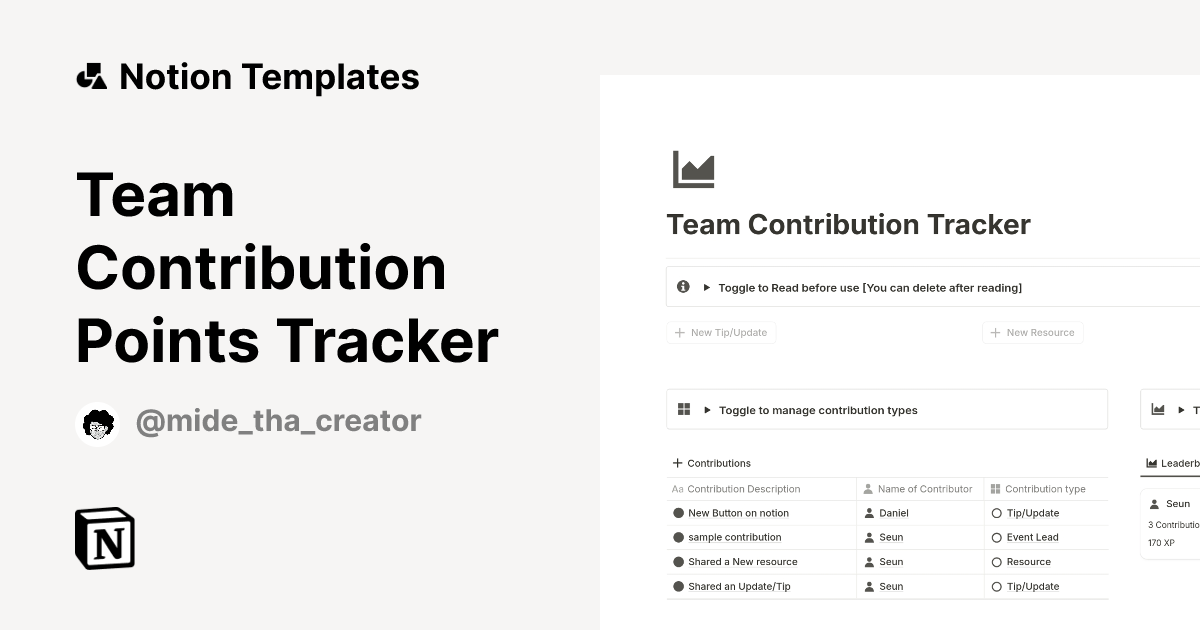תבנית Team Contribution Points Tracker | Marketplace של Notion