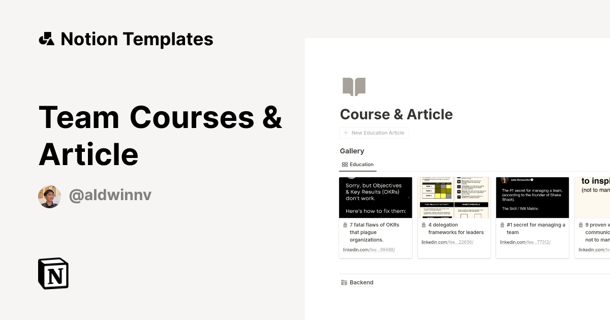 תבנית Team Courses & Article מאת Aldwin Nou | Marketplace של Notion