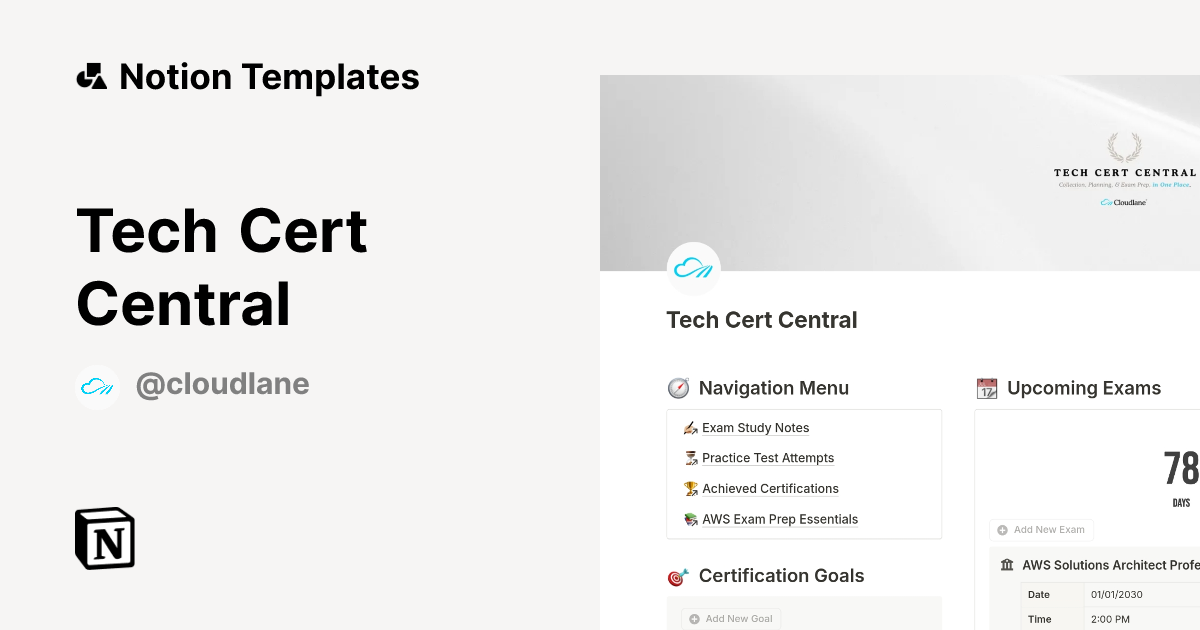 תבנית Tech Cert Central מאת Cloudlane | Marketplace של Notion
