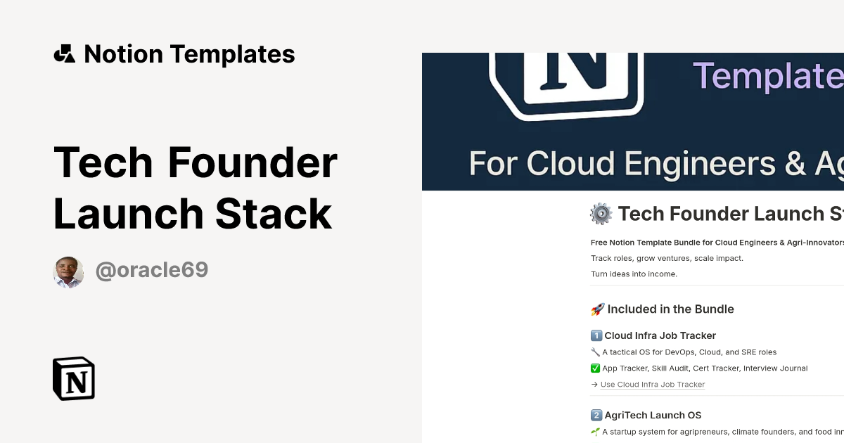 תבנית Tech Founder Launch Stack מאת Oracle69 | Marketplace של Notion