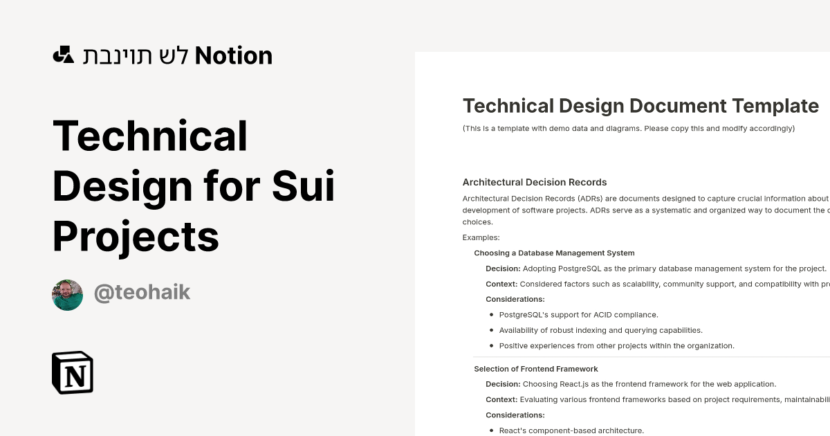 תבנית Technical Design for Sui Projects | Marketplace של Notion
