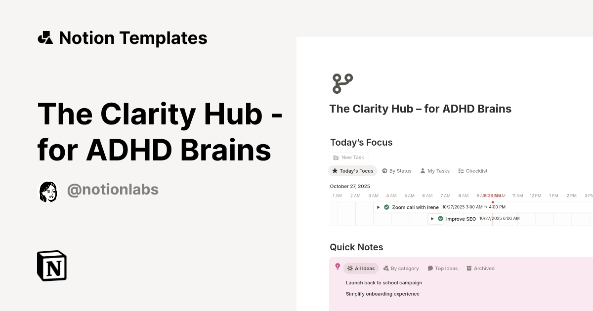 תבנית The Clarity Hub - for ADHD Brains | Marketplace של Notion
