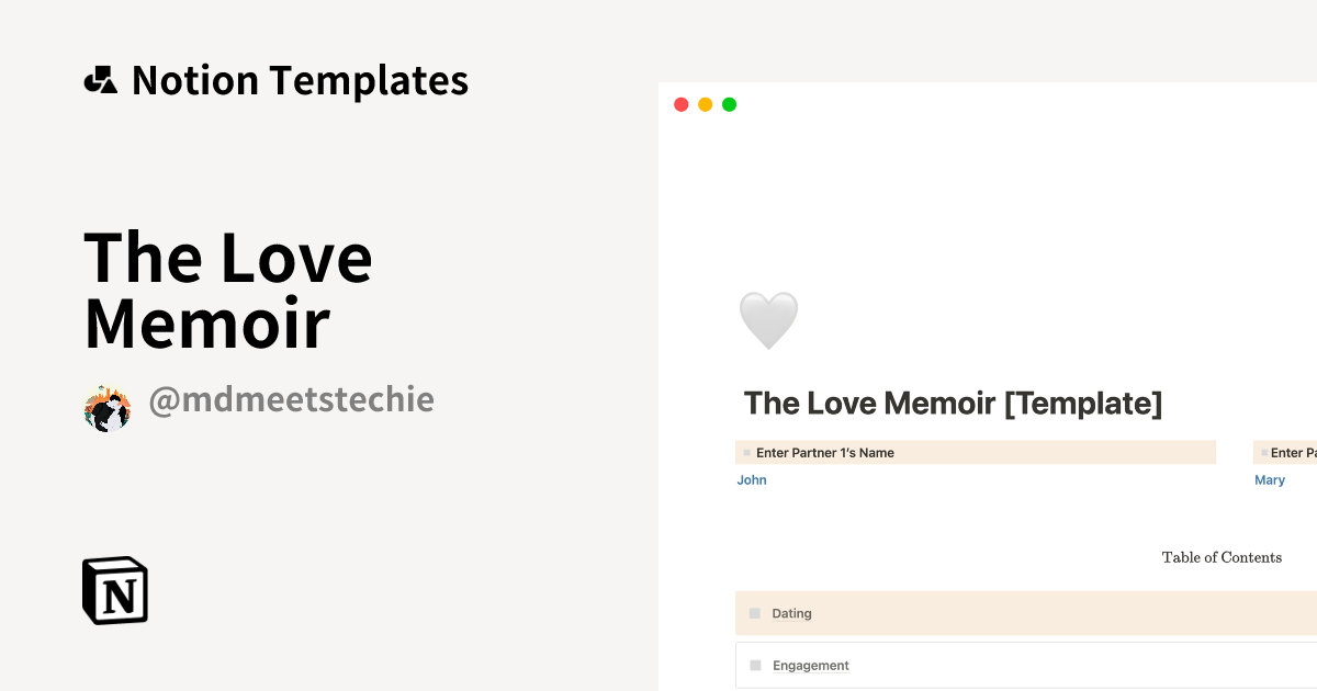 תבנית The Love Memoir מאת MD Meets Techie | Marketplace של Notion