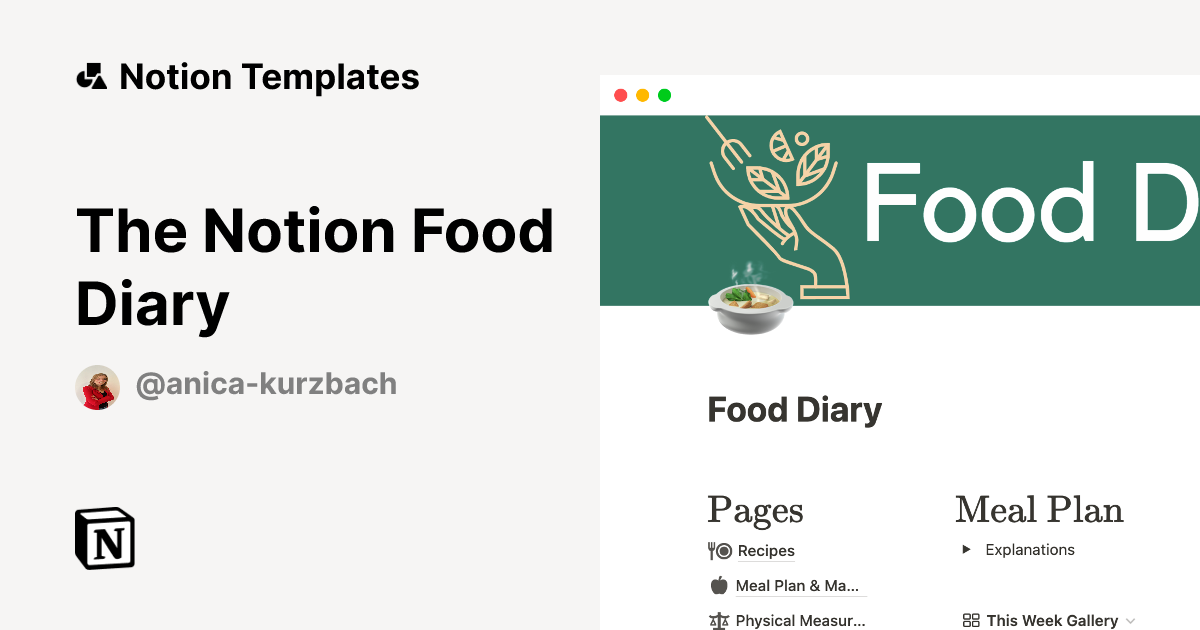 תבנית The Notion Food Diary מאת Anica Kurzbach | Marketplace של Notion