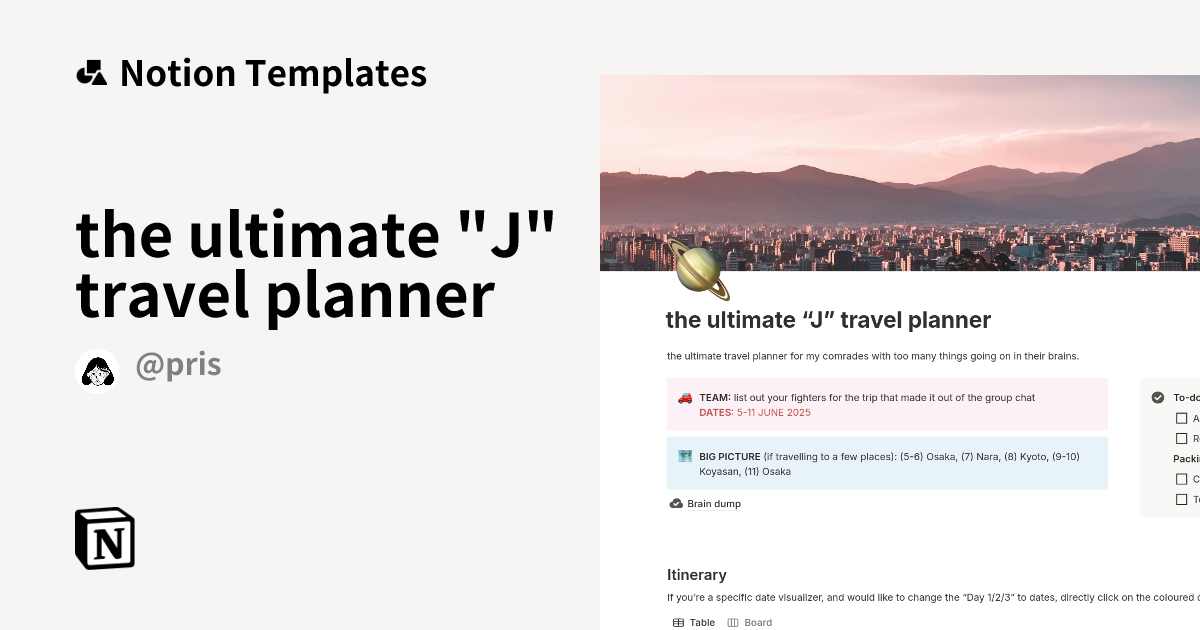 תבנית the ultimate "J" travel planner | Marketplace של Notion