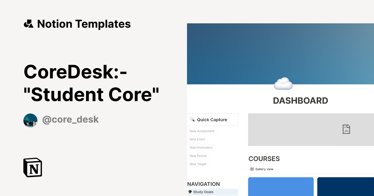 תבנית CoreDesk:- "Student Core" מאת Manasvi Bakshi | Marketplace של Notion