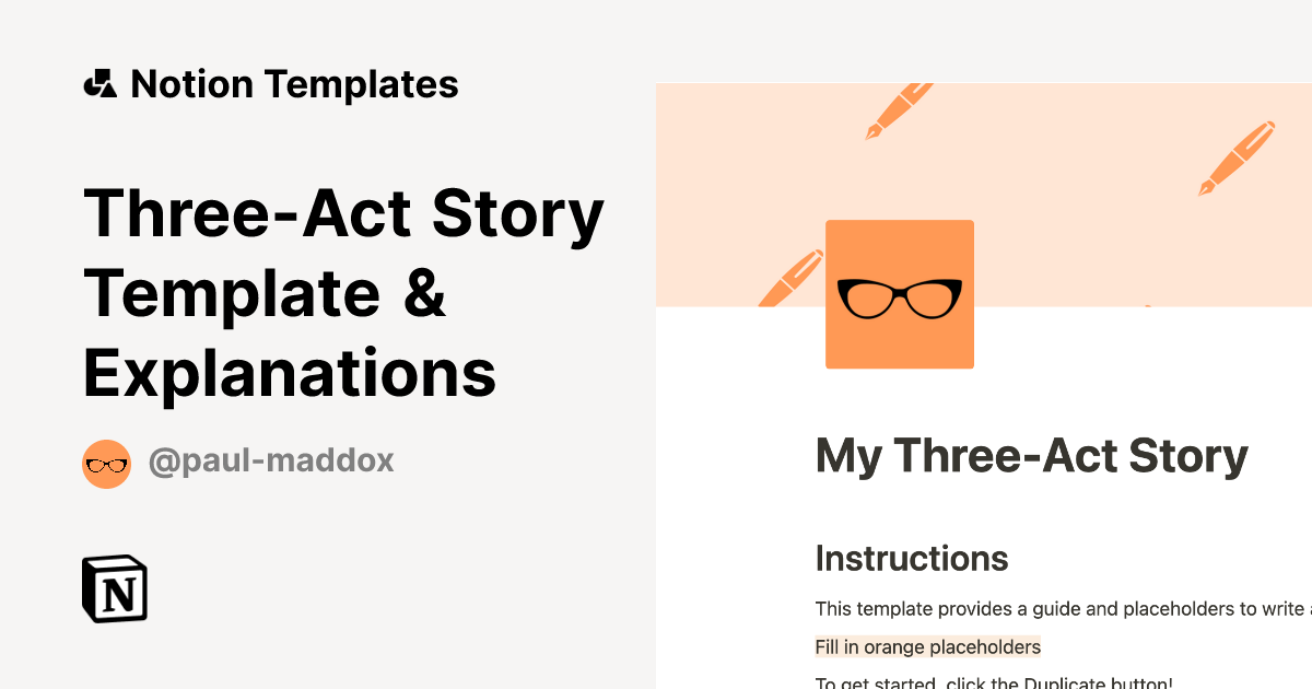 תבנית Three-Act Story Template & Explanations | Marketplace של Notion