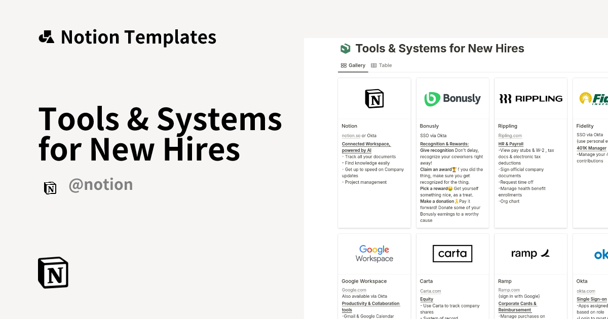 תבנית Tools & Systems for New Hires מאת Notion | Marketplace של Notion