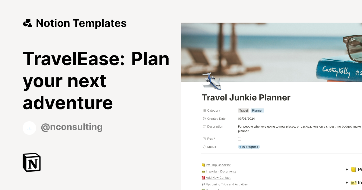 תבנית TravelEase: Plan your next adventure | Marketplace של Notion