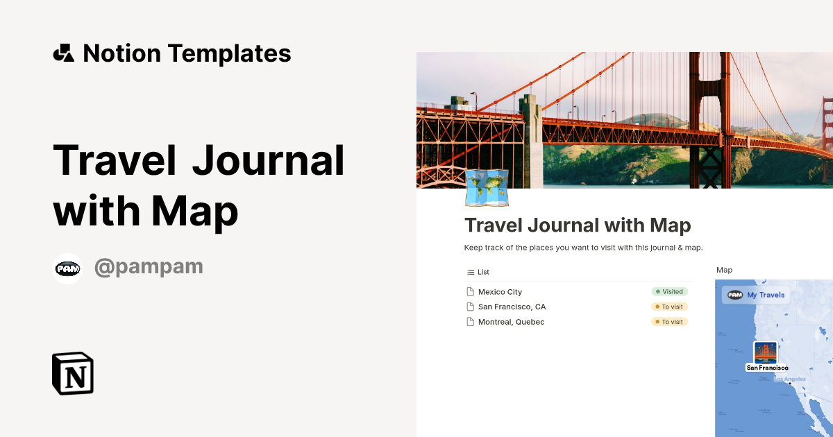 תבנית Travel Journal with Map מאת PamPam | Marketplace של Notion