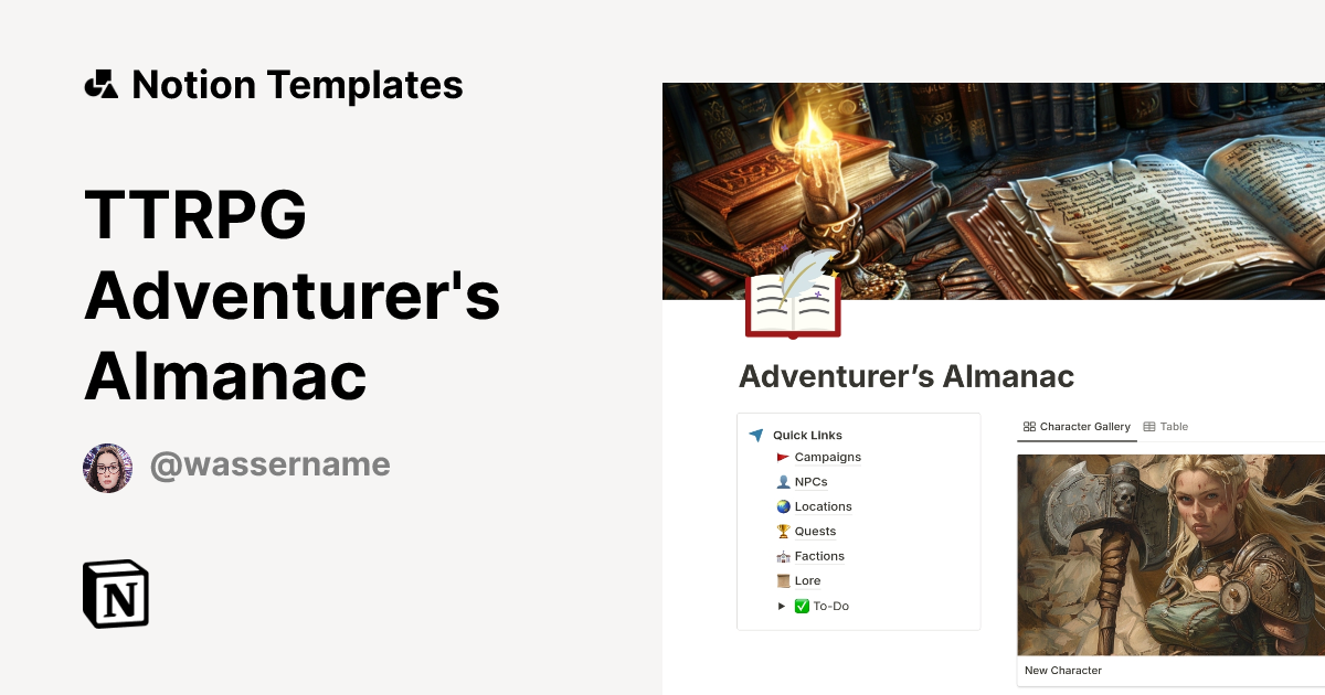 תבנית TTRPG Adventurer's Almanac מאת Wassername | Marketplace של Notion