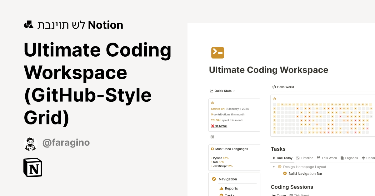 תבנית Ultimate Coding Workspace (GitHub-Style Grid) | Marketplace של Notion