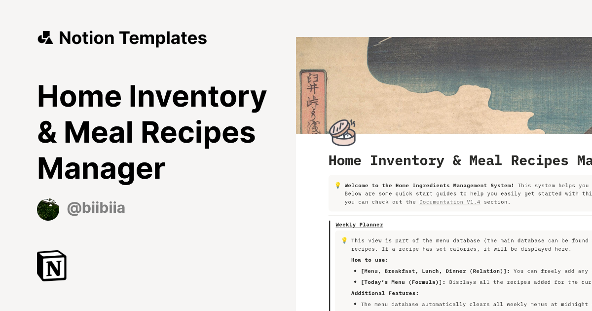 תבנית Home Inventory & Meal Recipes Manager | Marketplace של Notion