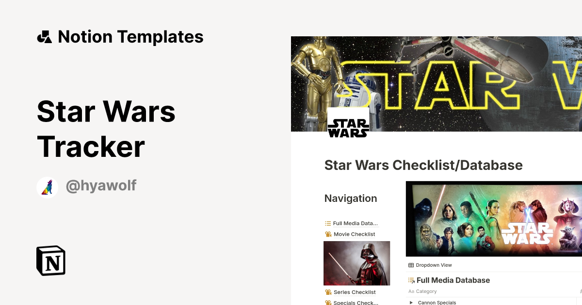 תבנית Star Wars Tracker מאת Hyawolf | Marketplace של Notion