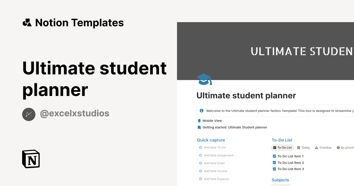 תבנית Ultimate student planner מאת Excel Studios | Marketplace של Notion