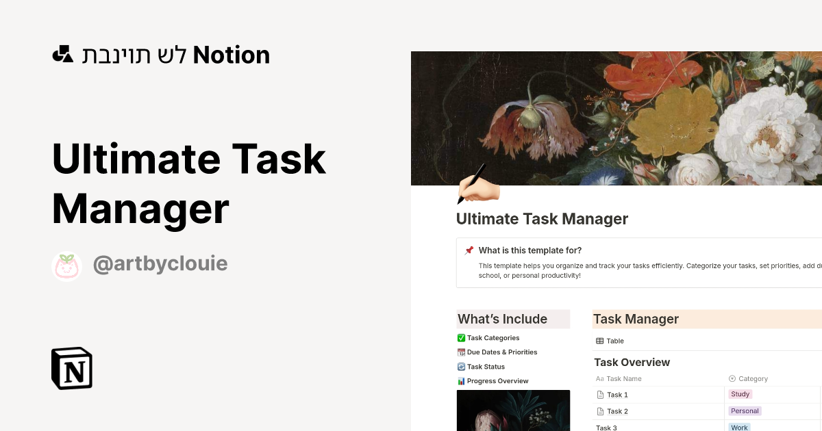 תבנית Ultimate Task Manager מאת Art by Clouie | Marketplace של Notion