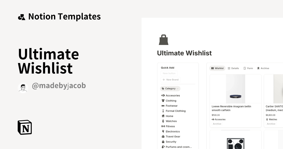 תבנית Ultimate Wishlist מאת Made by Jacob | Marketplace של Notion