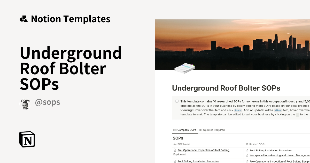 תבנית Underground Roof Bolter SOPs מאת SOPs | Marketplace של Notion