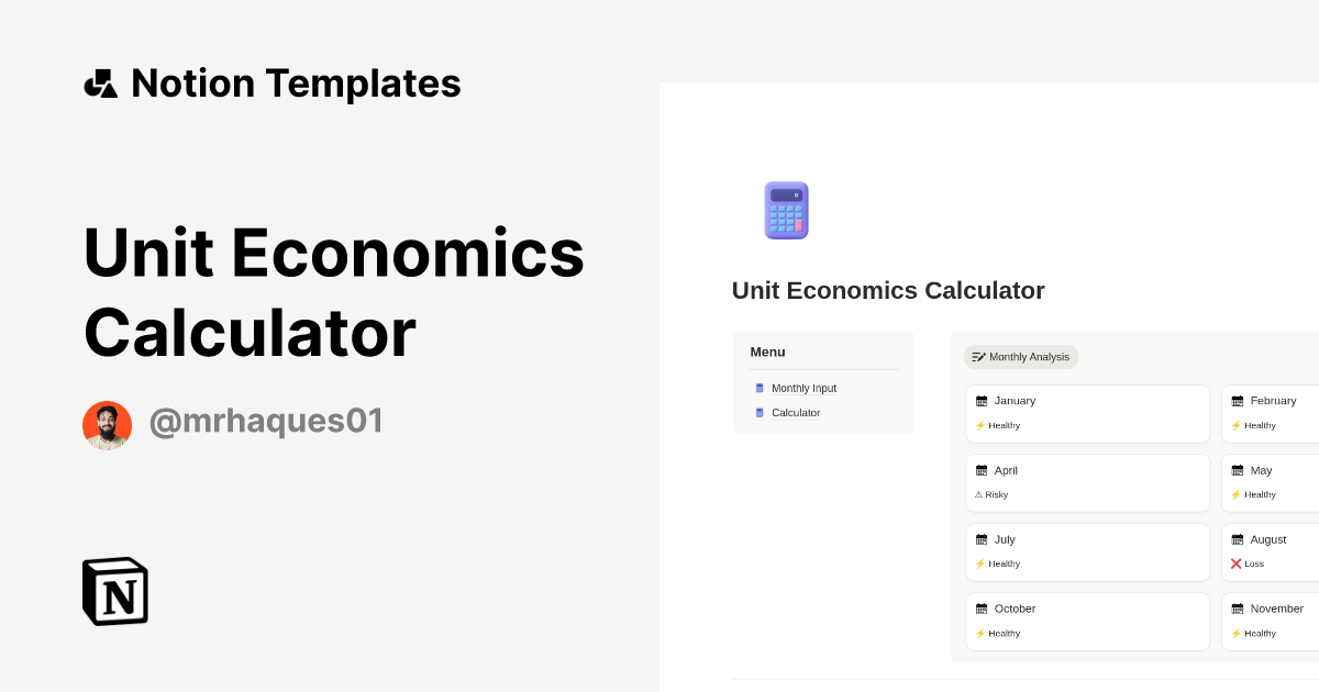 תבנית Unit Economics Calculator מאת Mr. Haque | Marketplace של Notion