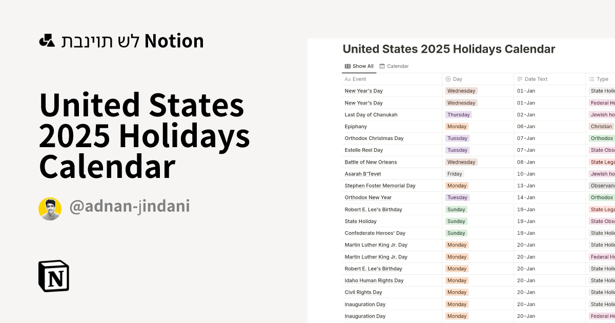 תבנית United States 2025 Holidays Calendar | Marketplace של Notion