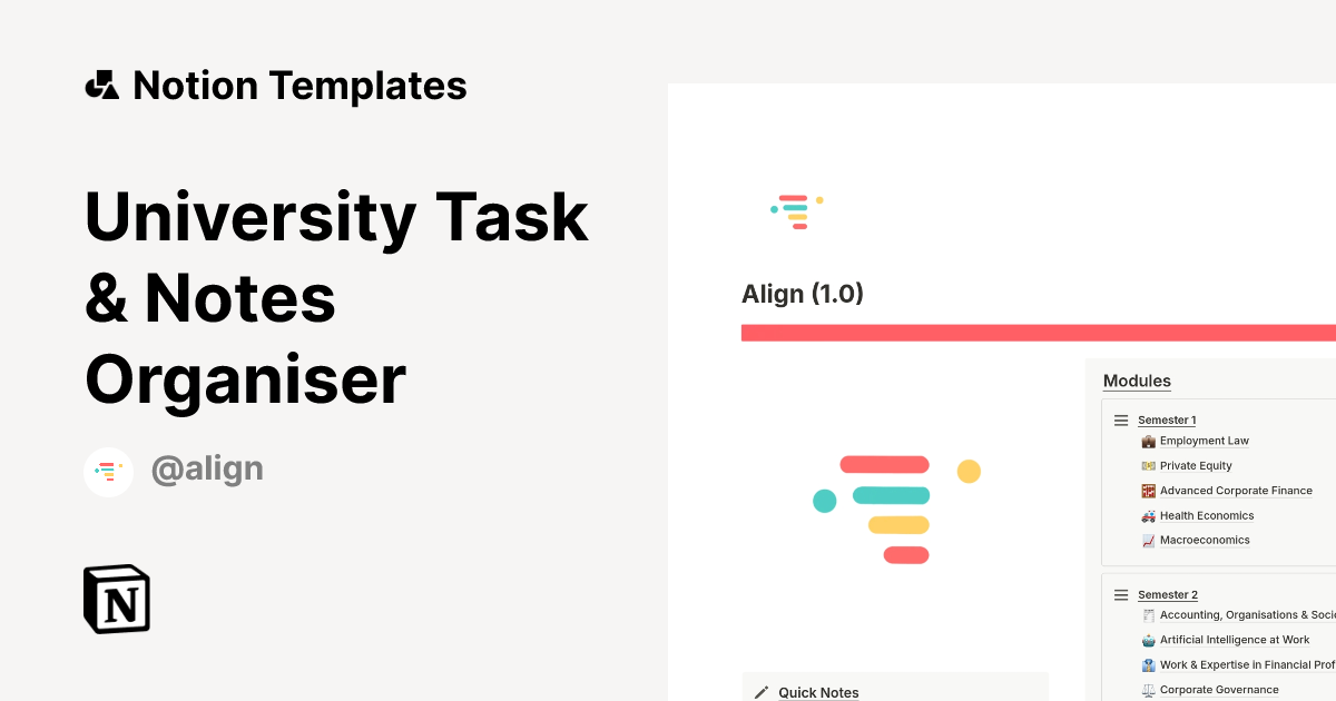 תבנית University Task & Notes Organiser מאת align | Marketplace של Notion