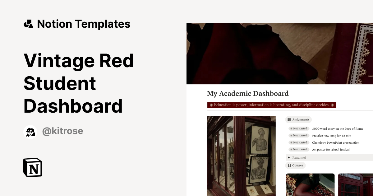 תבנית Vintage Red Student Dashboard מאת Kitrose | Marketplace של Notion
